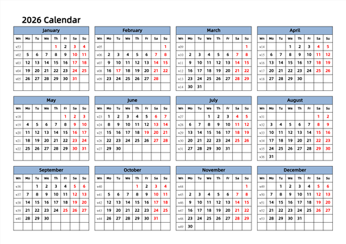 日历表2026日历 2026日历表全年完整图 2026年日历表电子版打印版 2026日历下载打印 - 模板[DF005] - 日历精灵